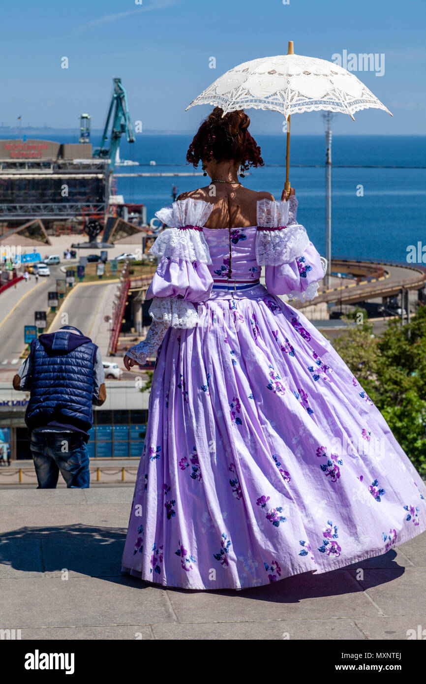 A Woman In Period Costume At The Potemkin Stairs, Odessa, Ukraine Stock ...