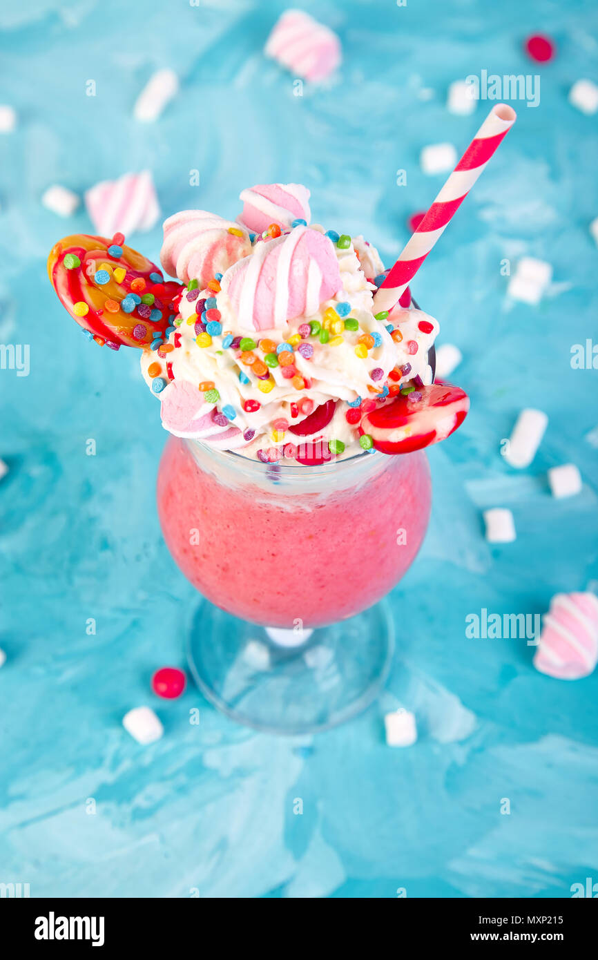 Pink Extreme milkshake with berry, rasberry, strawberry, candy ...