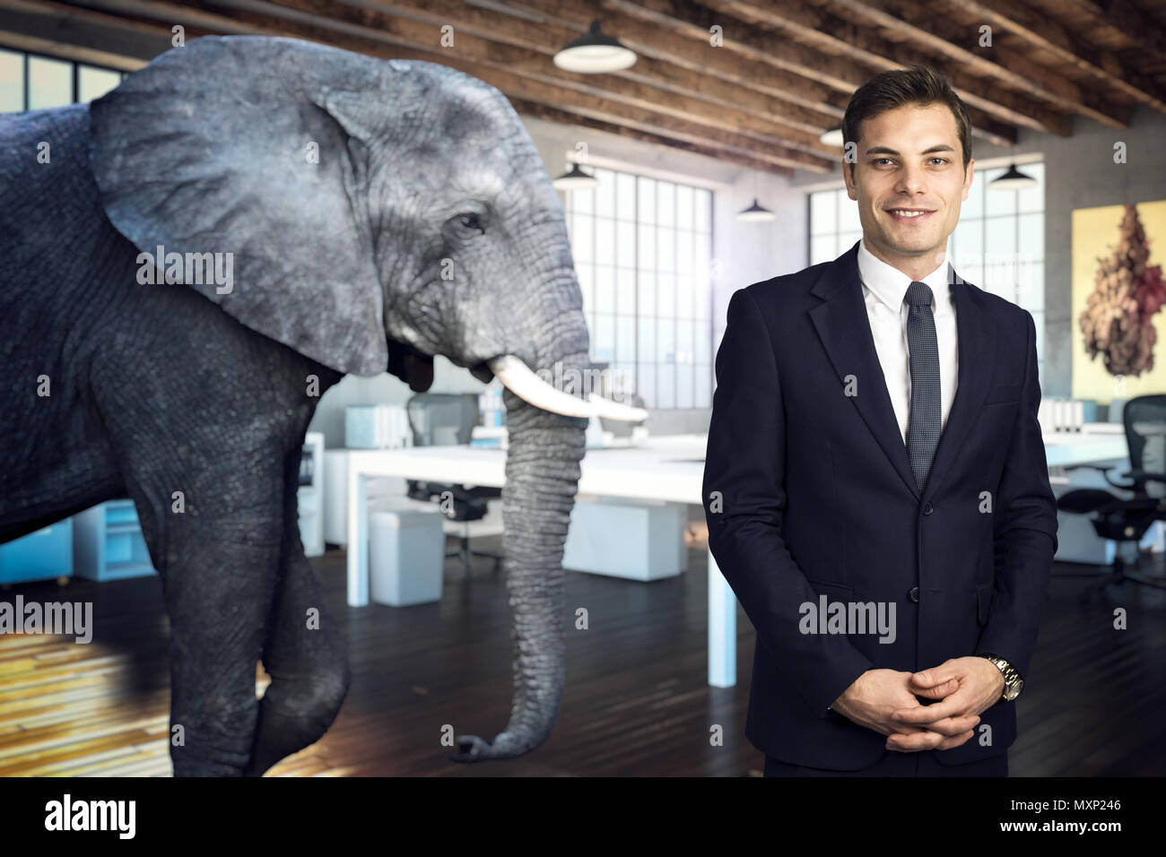 Elephant in modern industrial office and young businessman Stock Photo ...