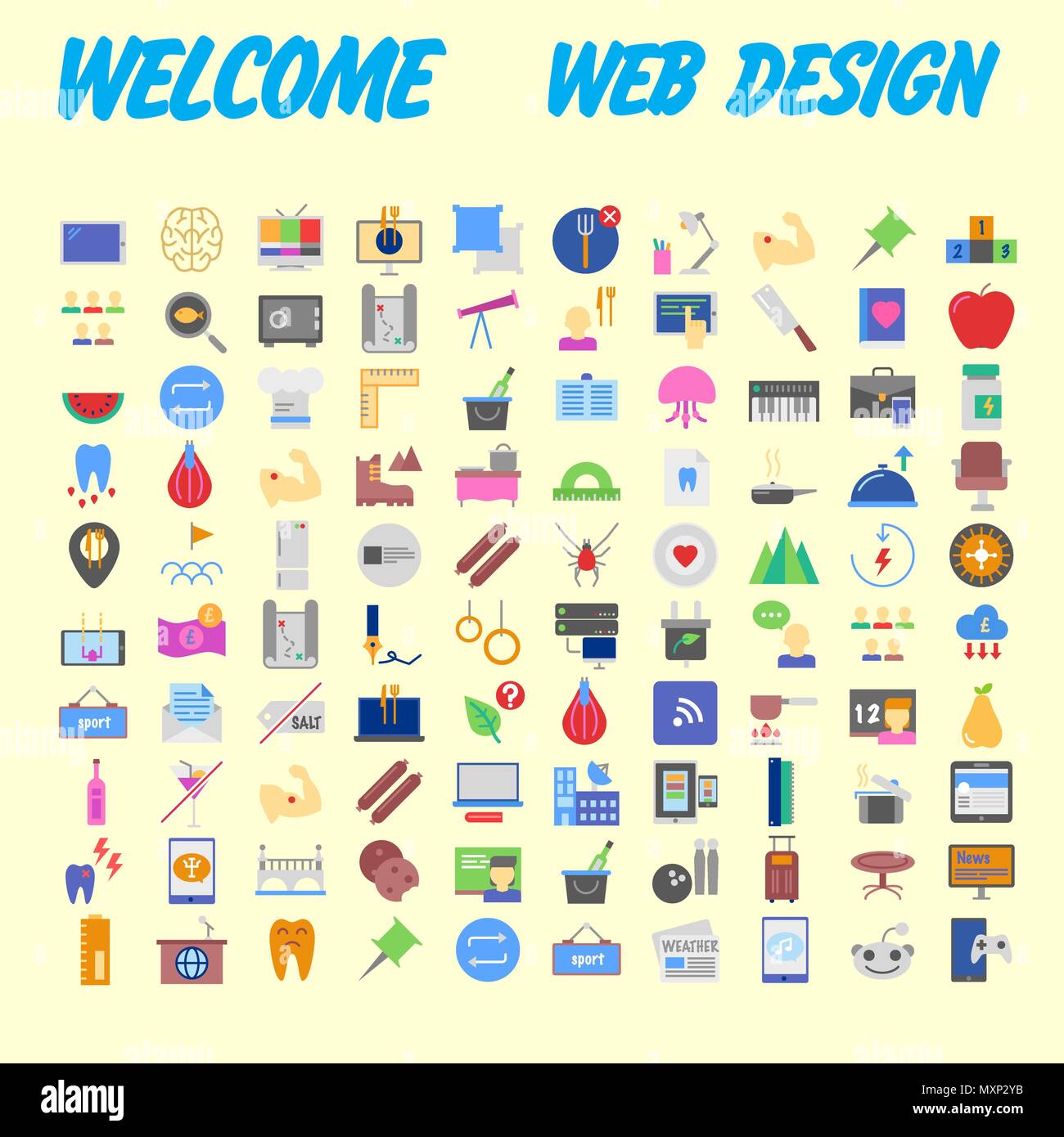 Set of 100 Universal and Standard Icons on Flat Colored with on orange ...