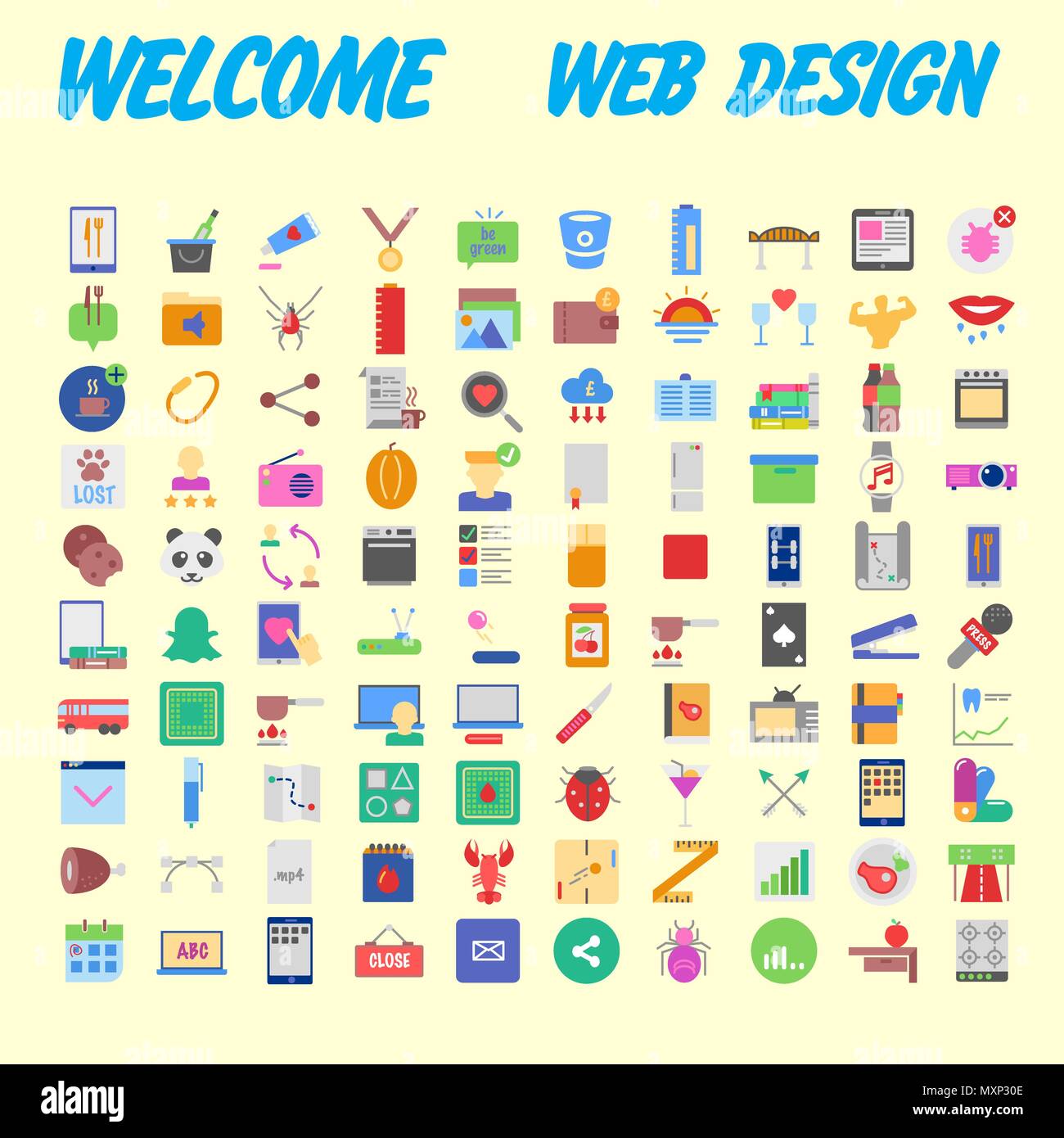 Set of 100 Universal and Standard Icons on Flat Colored with on orange ...