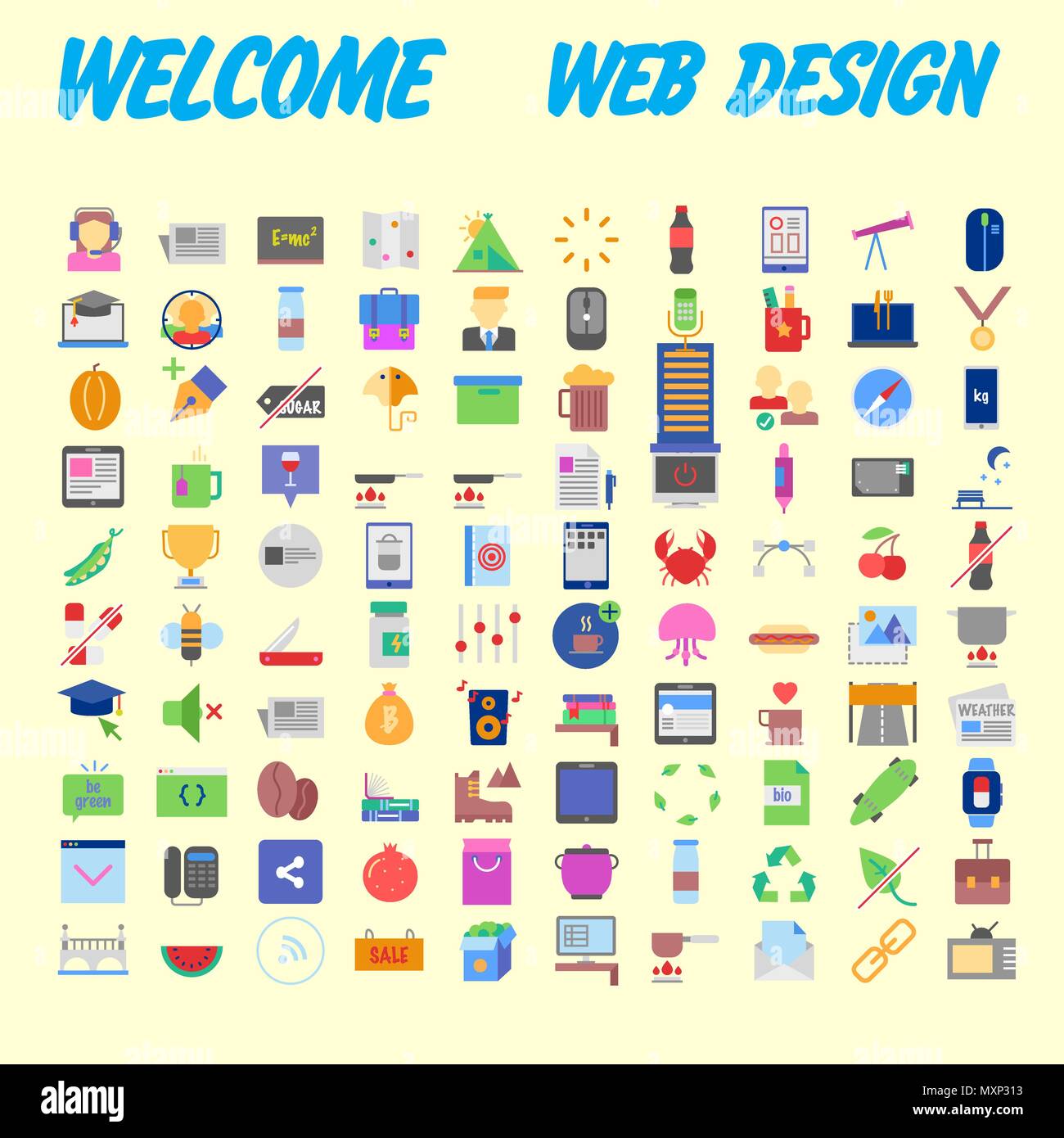 Set of 100 Universal and Standard Icons on Flat Colored with on orange ...