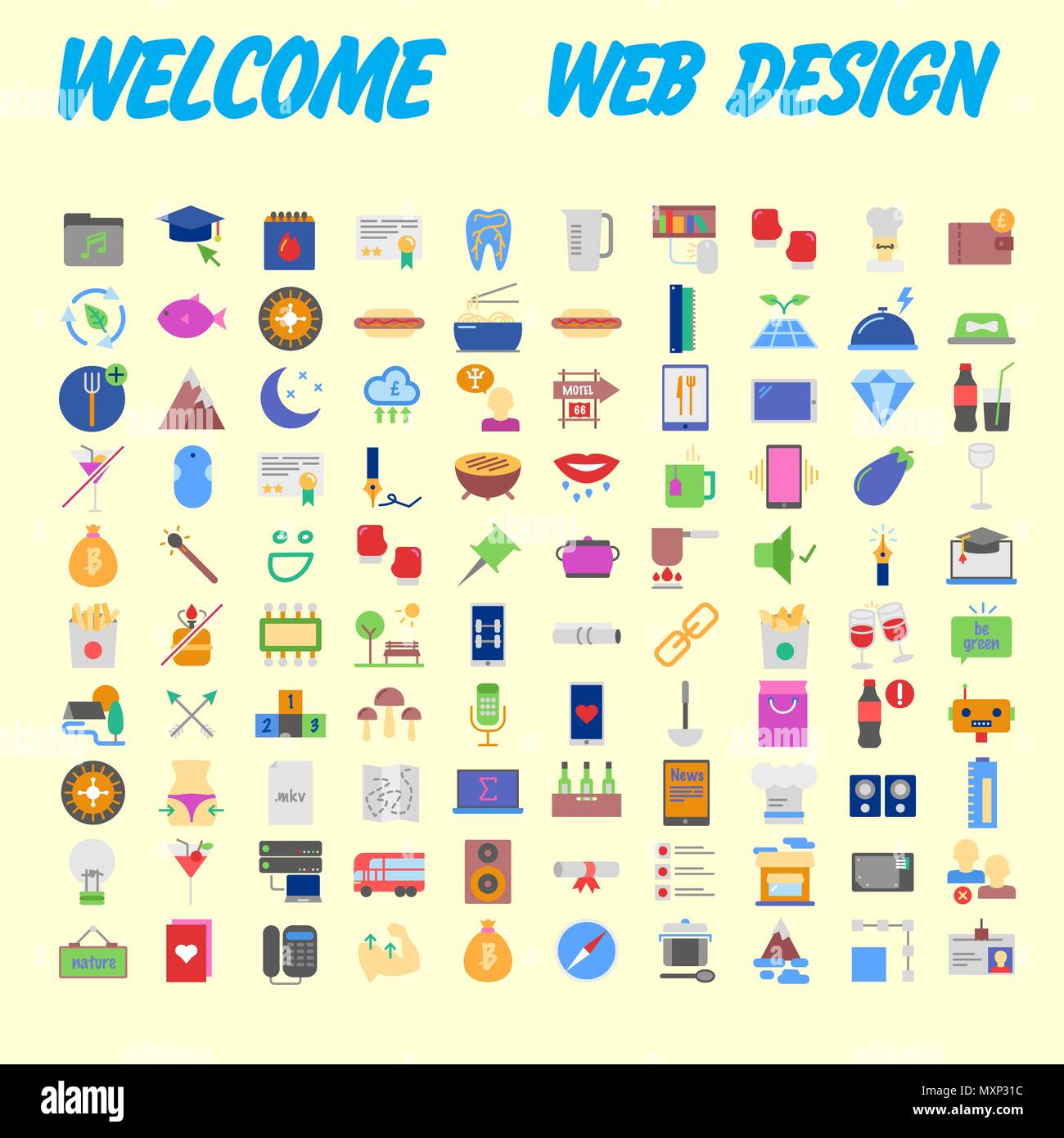 Set of 100 Universal and Standard Icons on Flat Colored with on orange ...