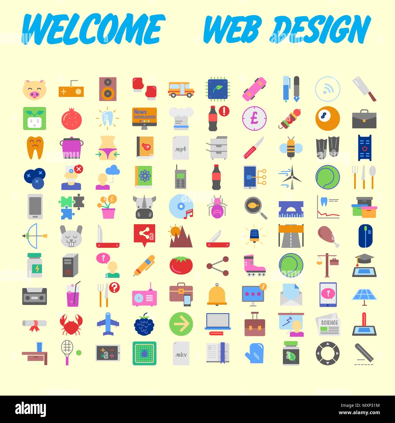 Set of 100 Universal and Standard Icons on Flat Colored with on orange ...