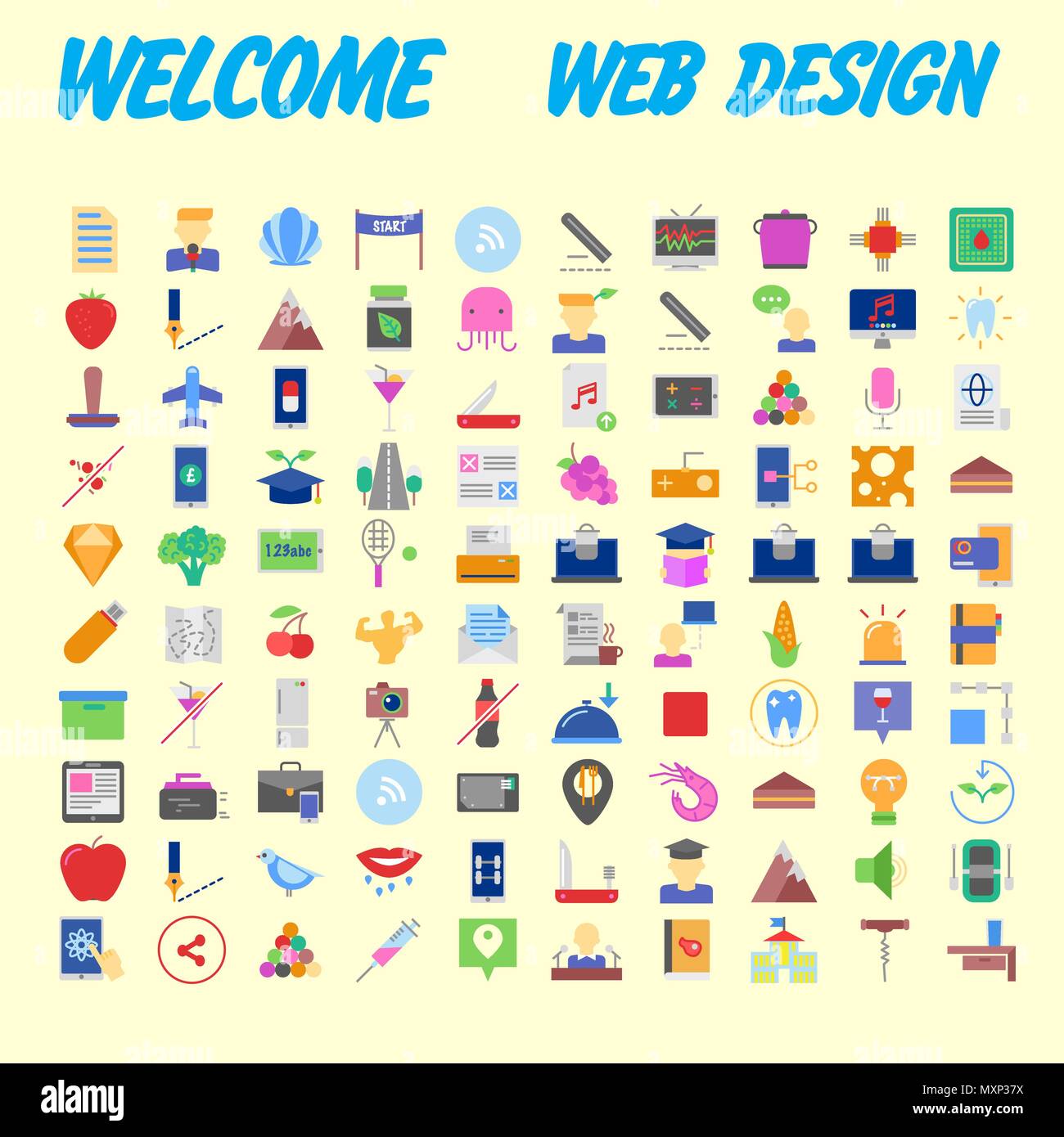 Set of 100 Universal and Standard Icons on Flat Colored with on orange ...