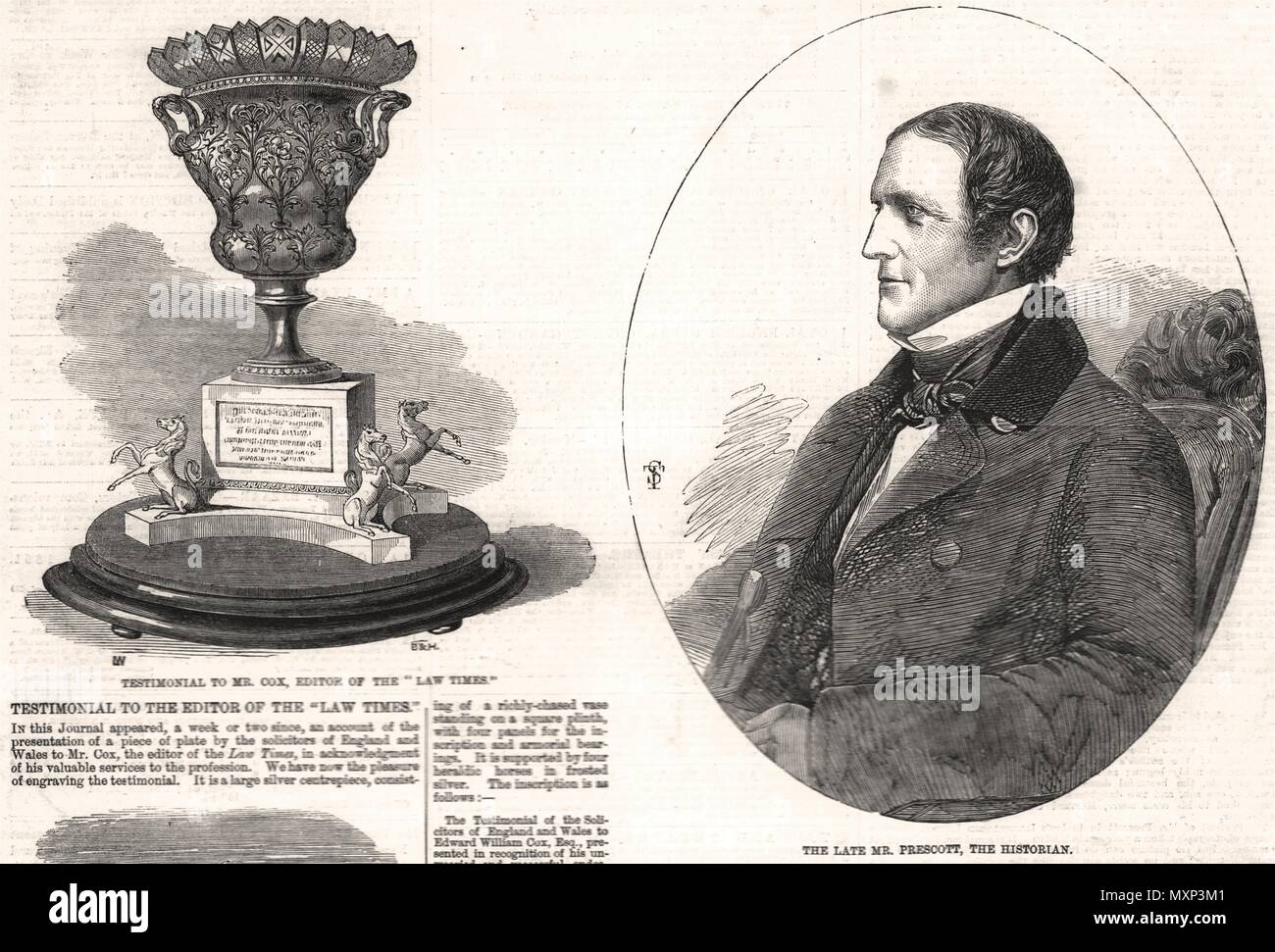 Testimonial to Mr Cox, Law Times editor; Prescott, the historian 1859 ...