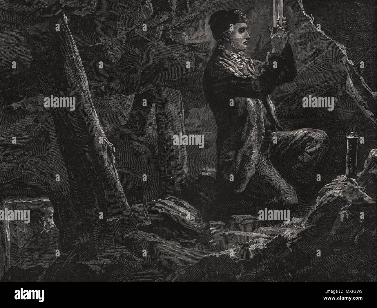 George Stephenson experimenting with safety lamp in a mine ...