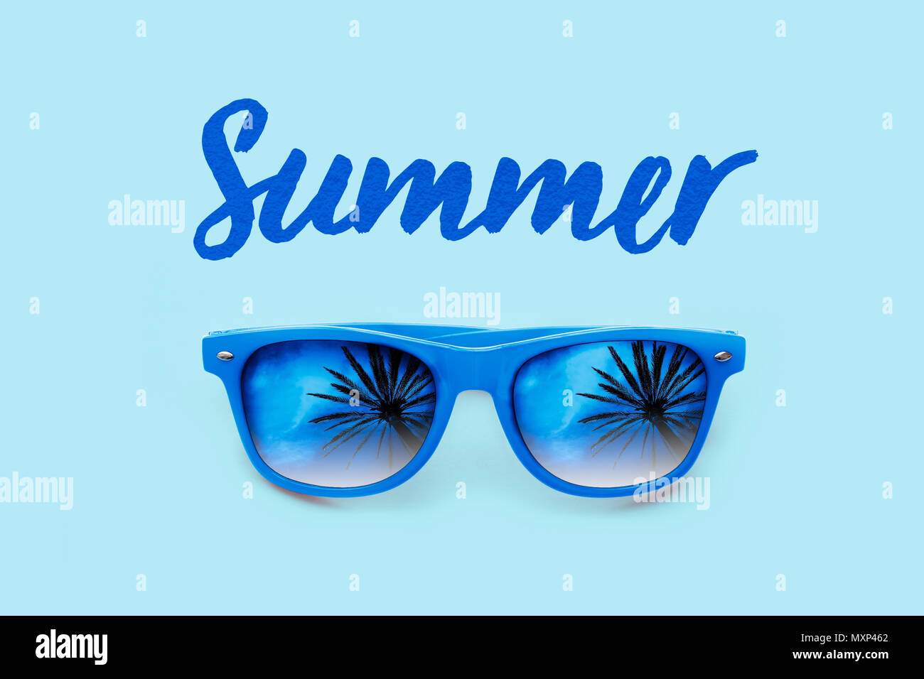 Summer textured blue text and blue sunglasses with palm trees ...