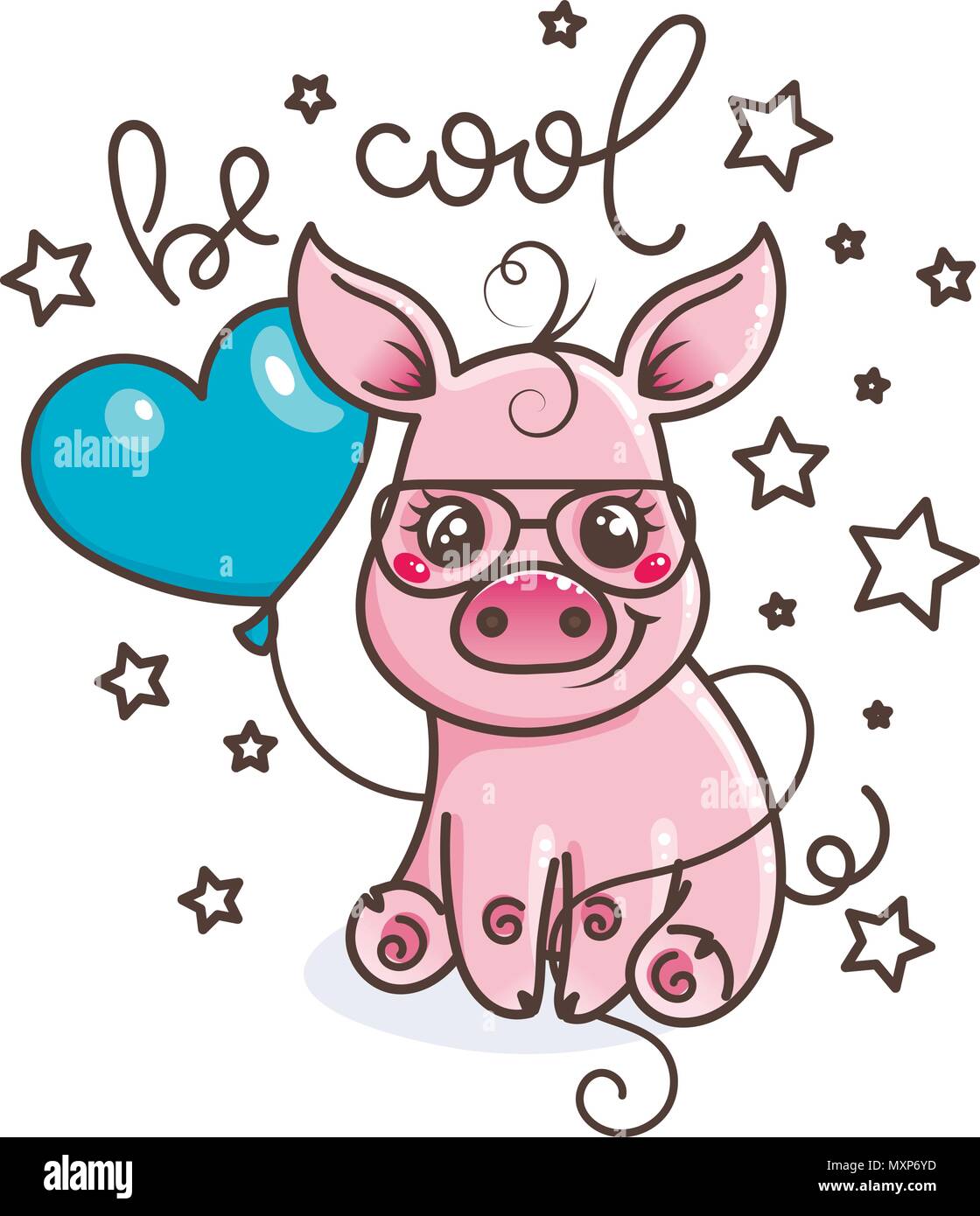 Cute cartoon baby pig in a cool sunglasses with balloon. Vector ...