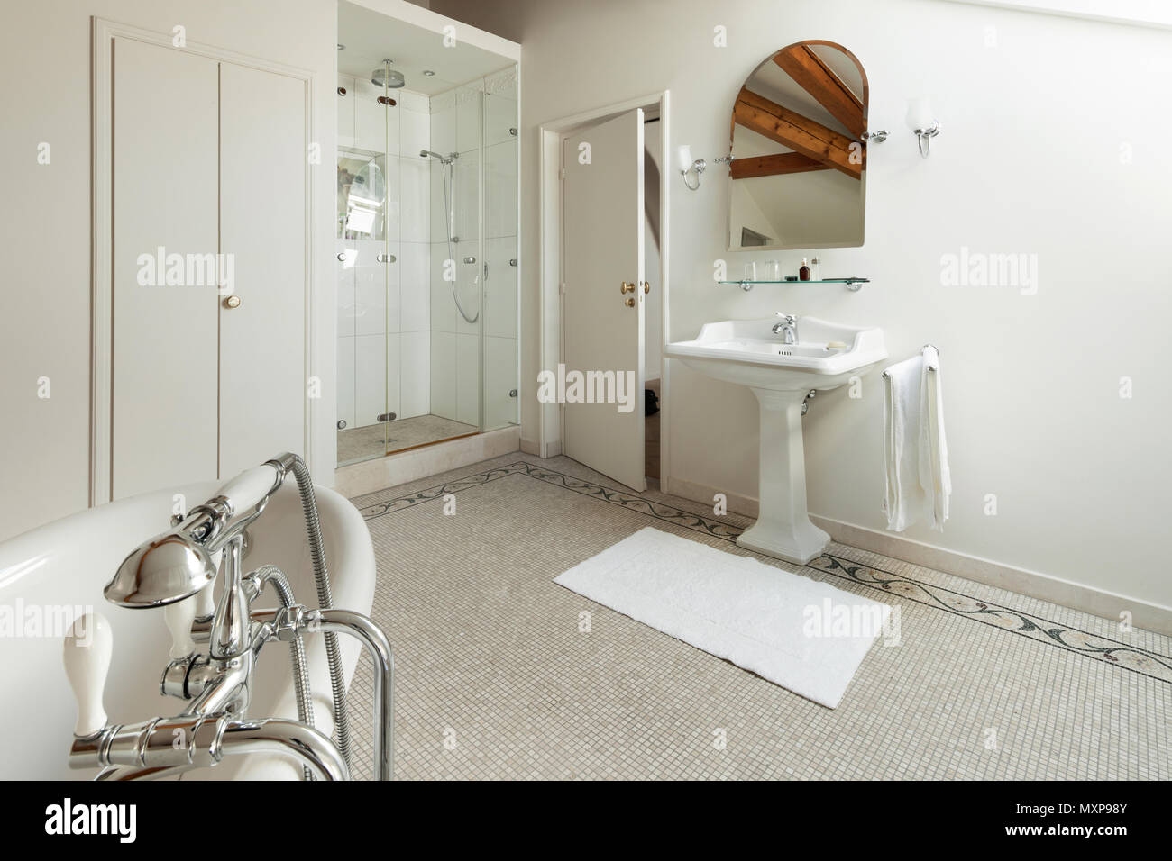 Interior of a mansion, luxury classic bathroom with shower and bath ...