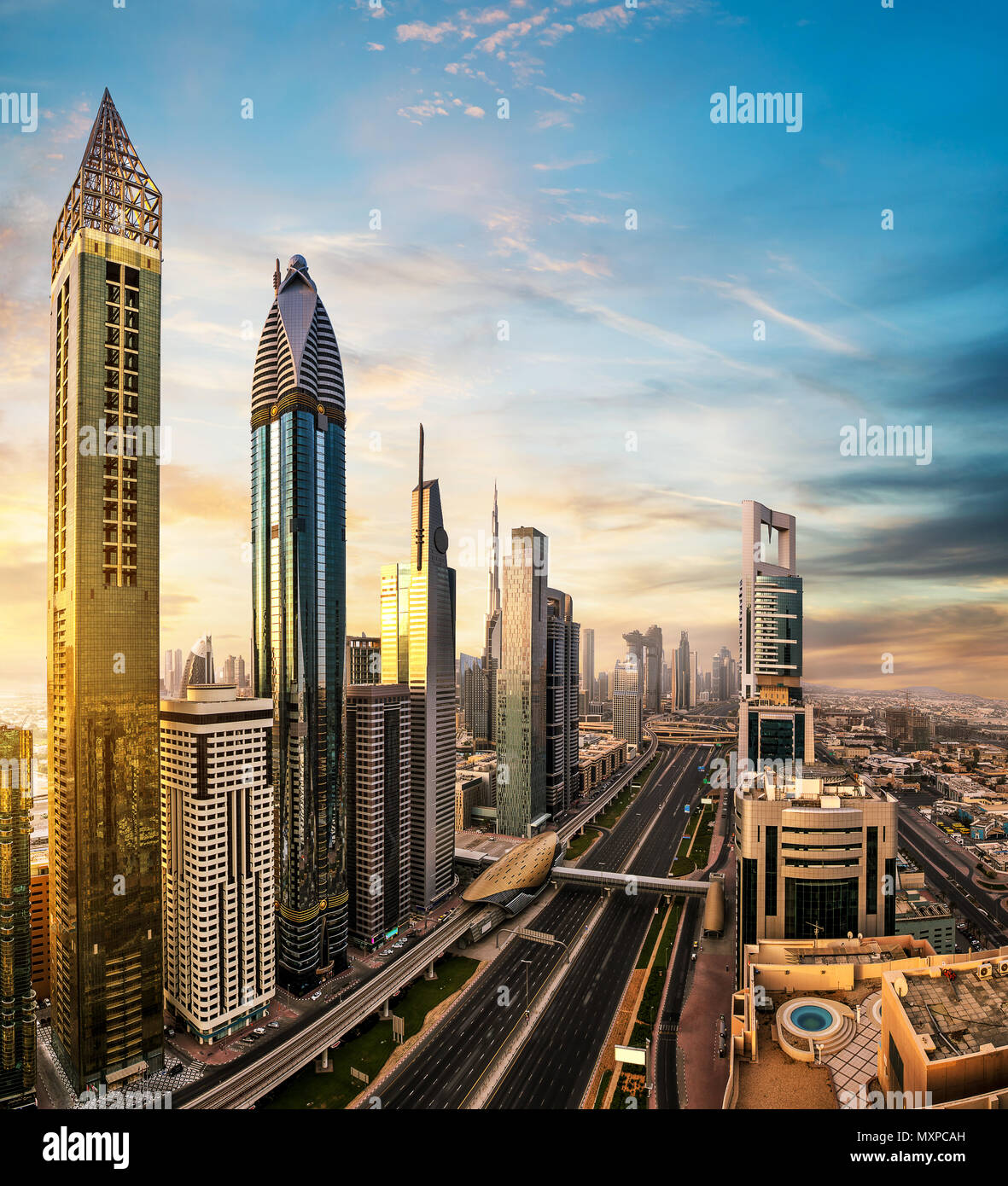 Dubai sunset panoramic view of Burj Khalifa with Sheike Zayed road ...