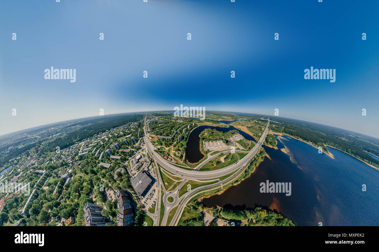 Summer Lake and roads in Riga city and Latvia nature 360 VR Drone ...