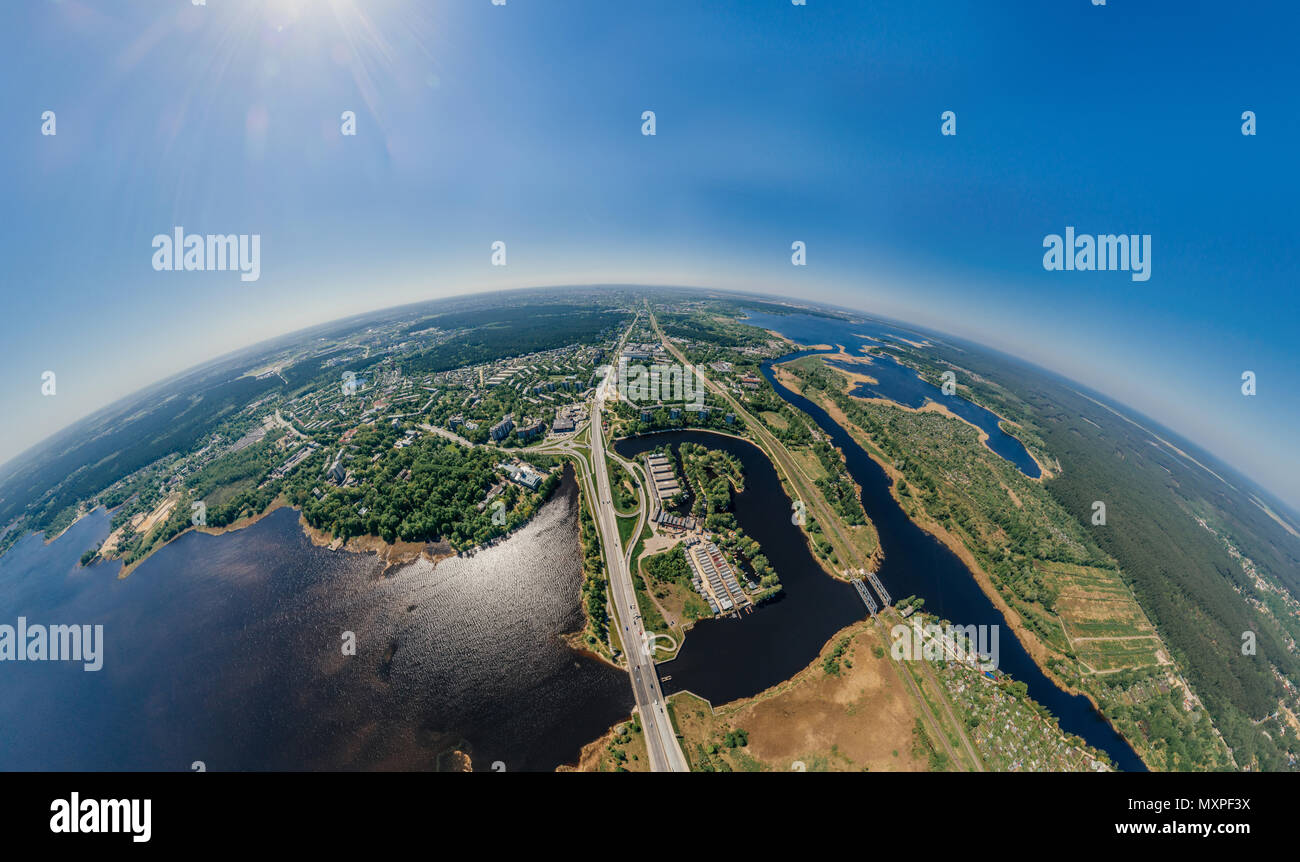 Summer Lake and roads in Riga city and Latvia nature 360 VR Drone ...