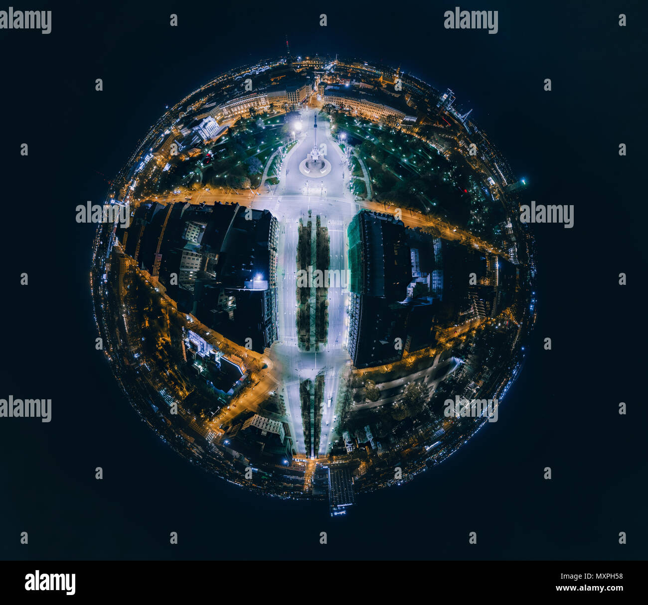 Sphere Planet Night houses in Riga city Origo, 360 VR Drone picture for ...