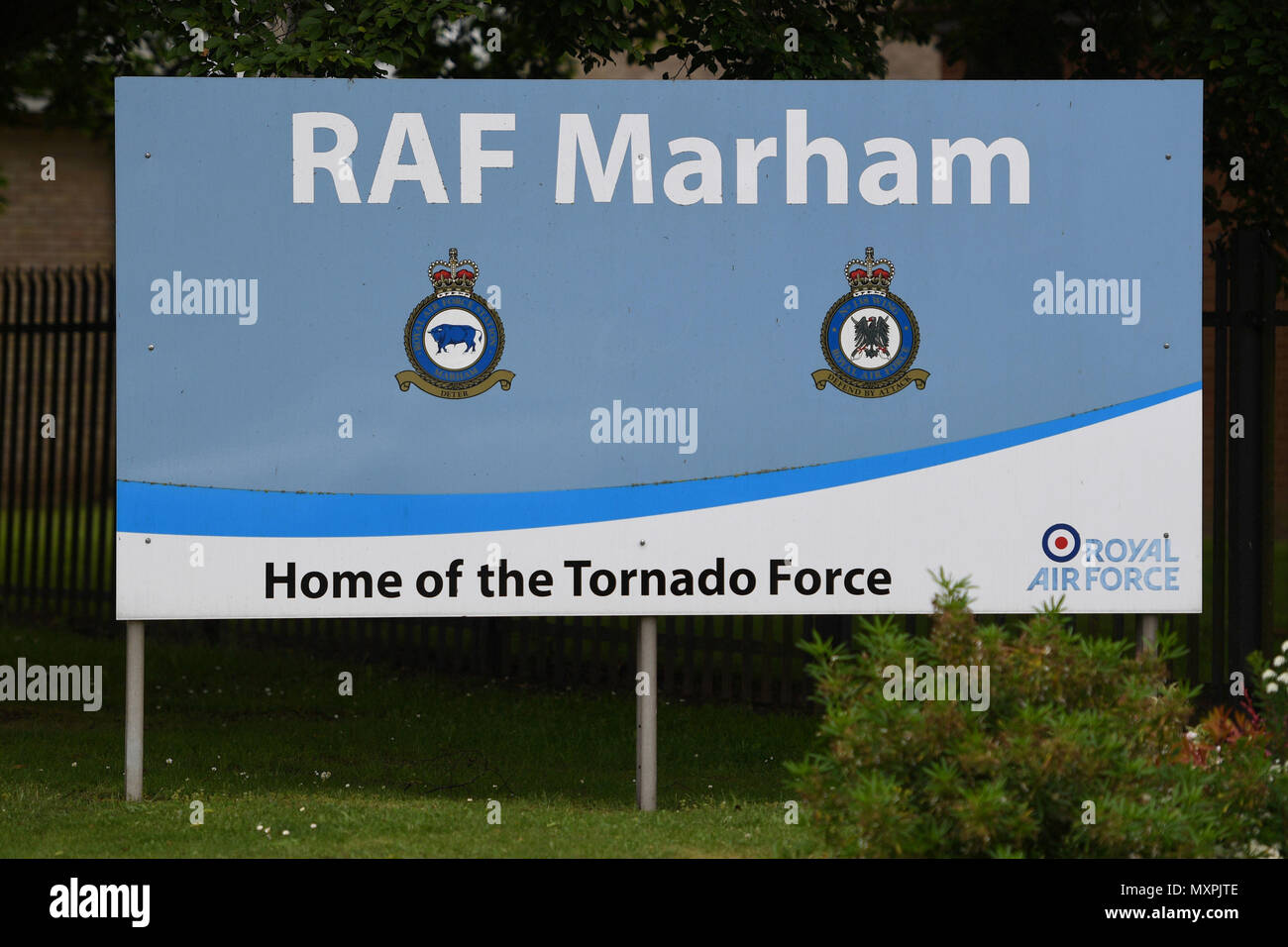 A sign outside RAF Marham, as construction work continues at the base ...