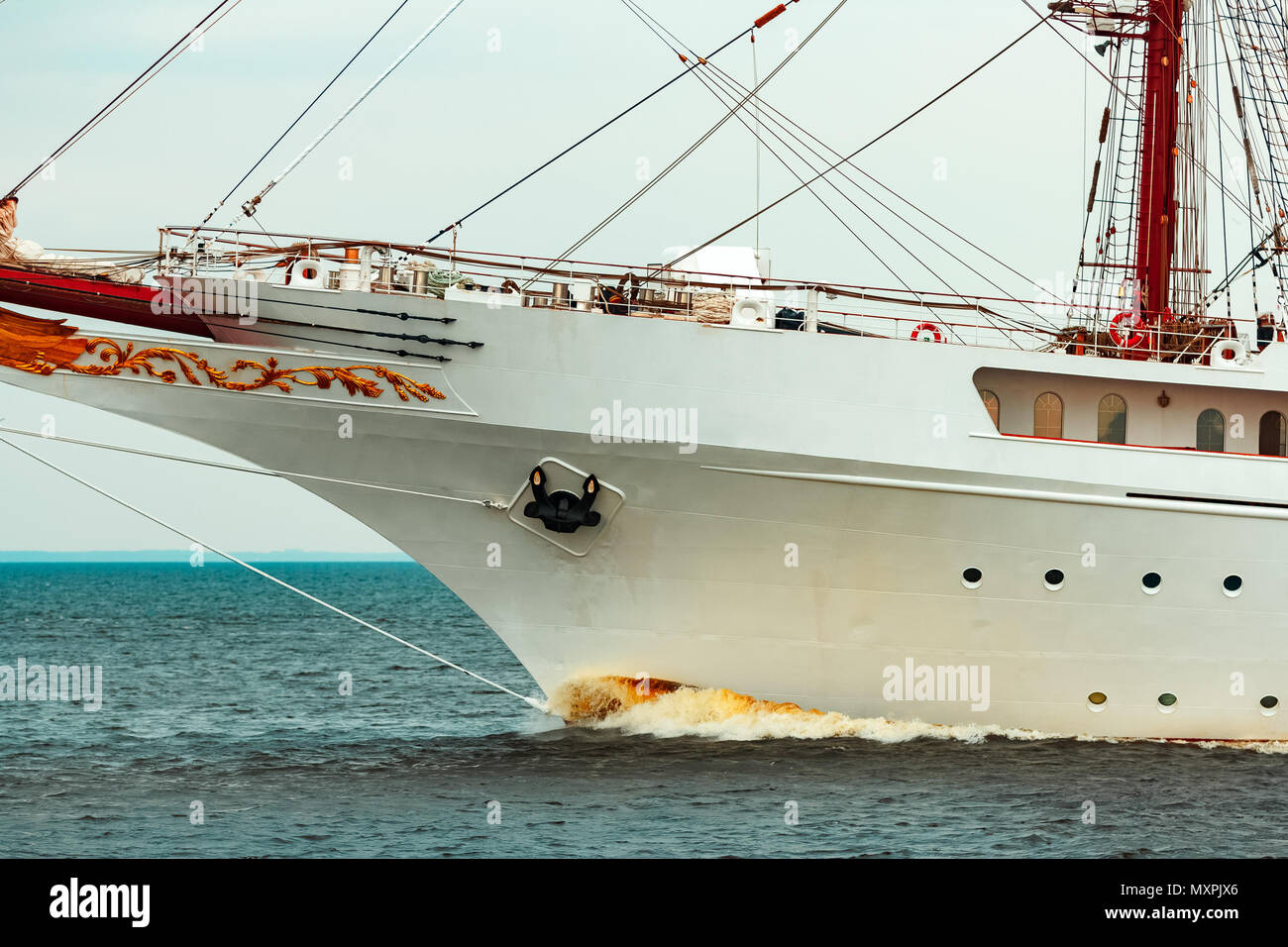 Big white sailing ship with three mast moving to the Riga port Stock ...