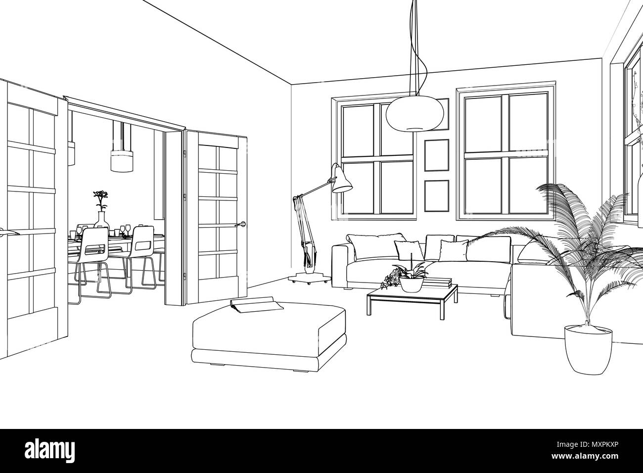 Interior Design Living Room custom Drawing Stock Photo - Alamy