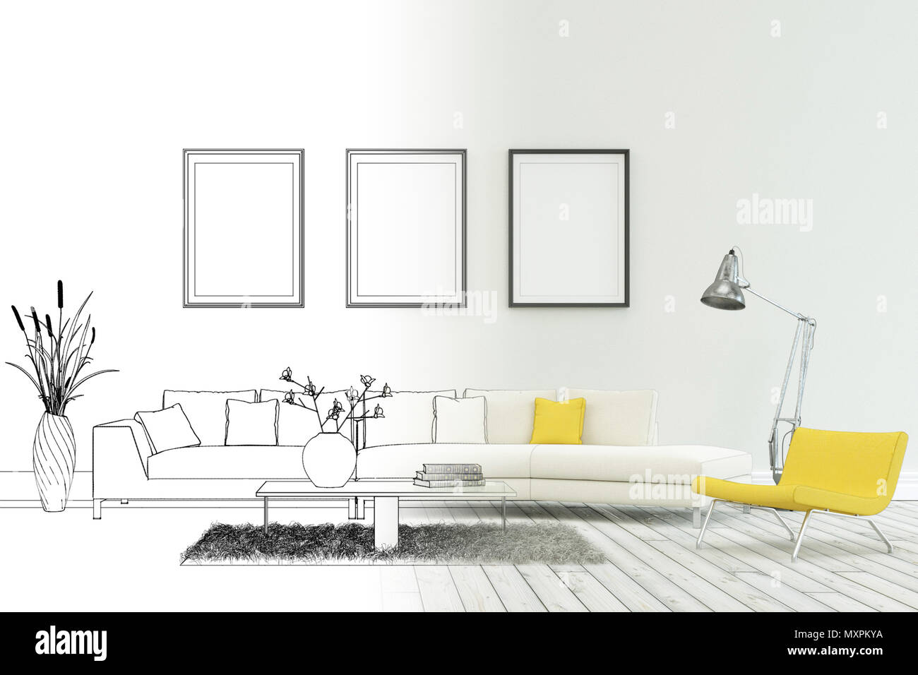 Interior Design Modern Loft Drawing Gradation Into Photograph Stock ...