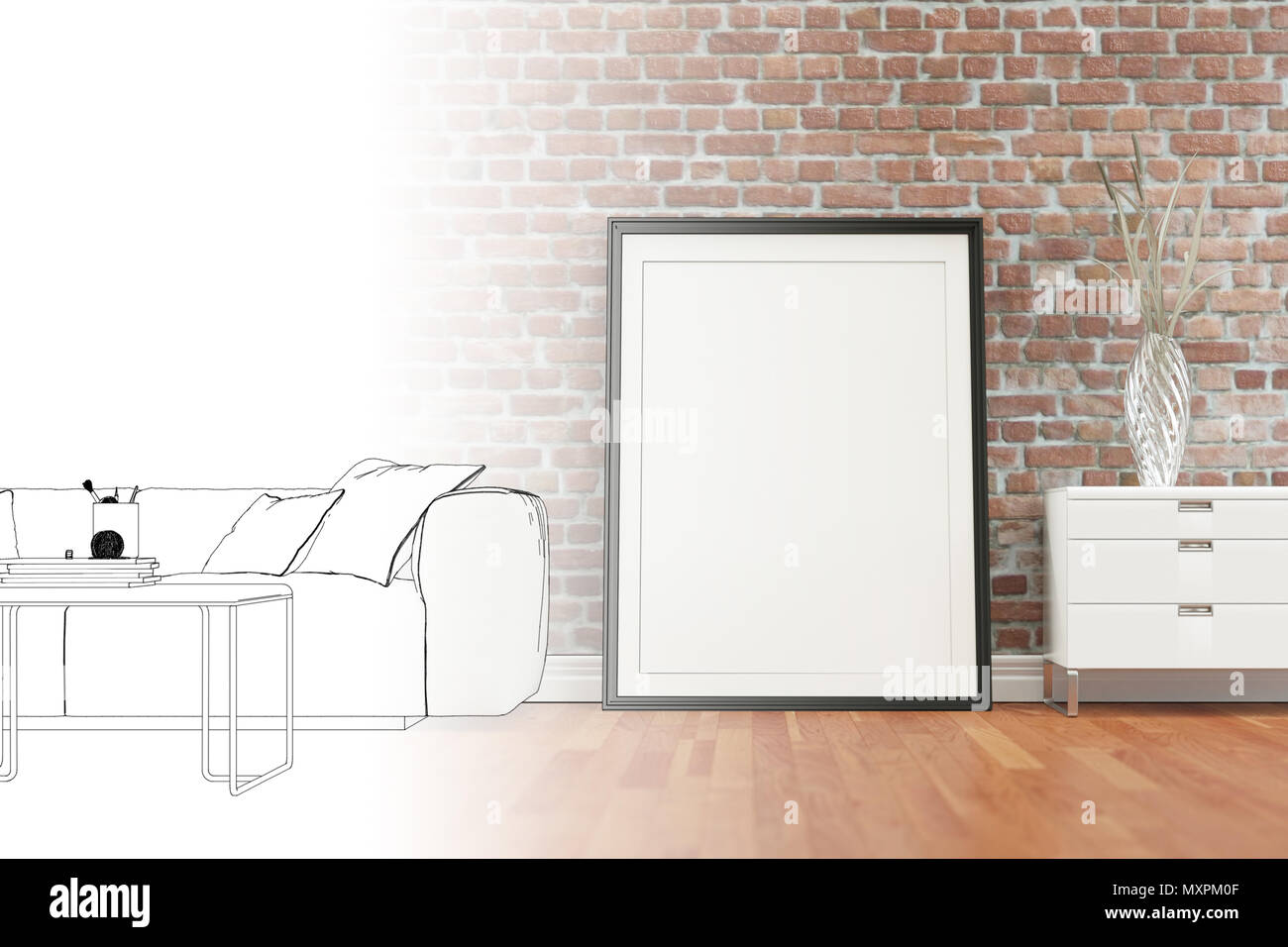 Interior Design Modern Loft Drawing Gradation Into Photograph Stock ...