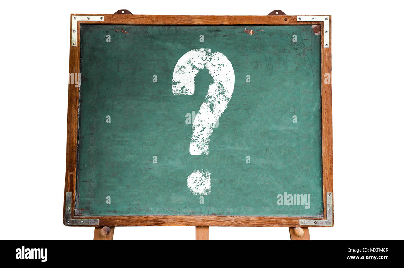 Question mark white sign on a green old grungy vintage wooden ...