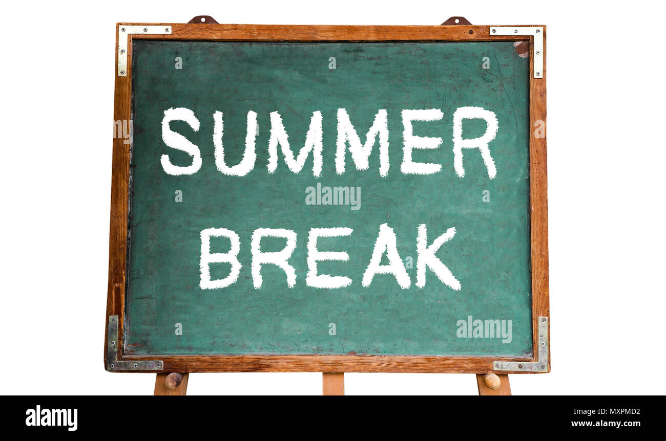 Summer Break text message in white chalk written on a school green old ...