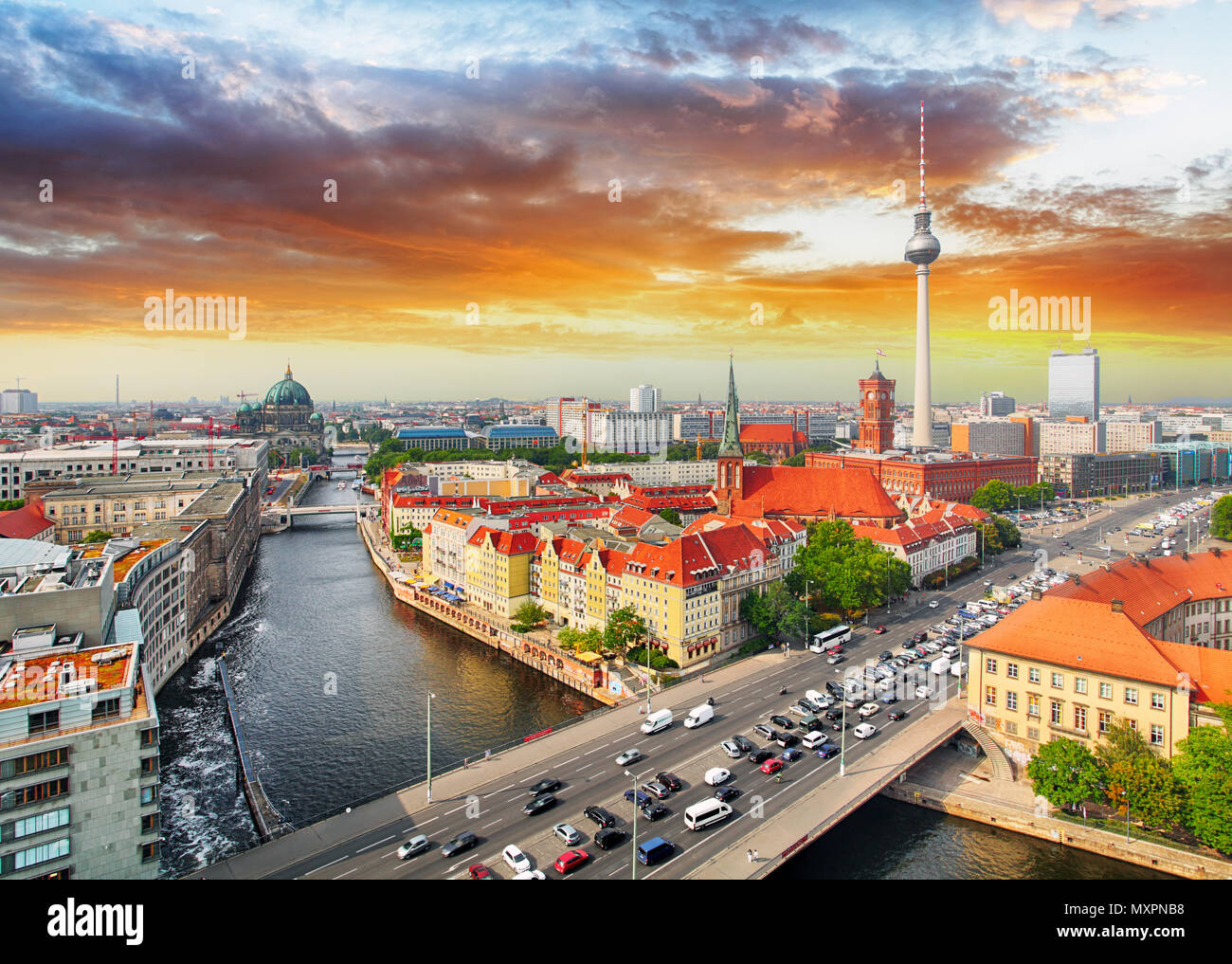 Skyline of Berlin in sunset Stock Photo - Alamy