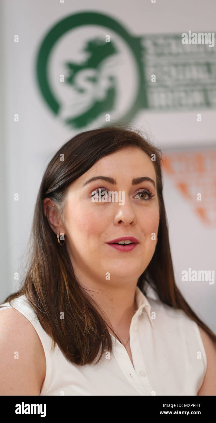 Sinn Fein MLA Megan Fearon speaks to the media at Stormont Parliament ...