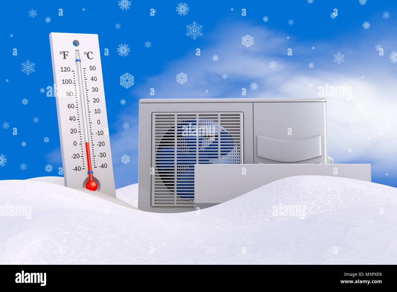 Air conditioning and thermometer in the snow. 3d rendering Stock Photo ...