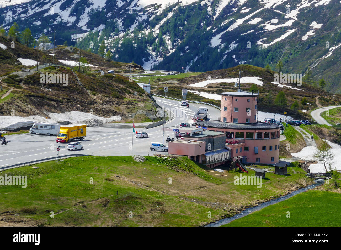 Simplon Pass cafe, in snowy weather in the mountains on the Simplon ...
