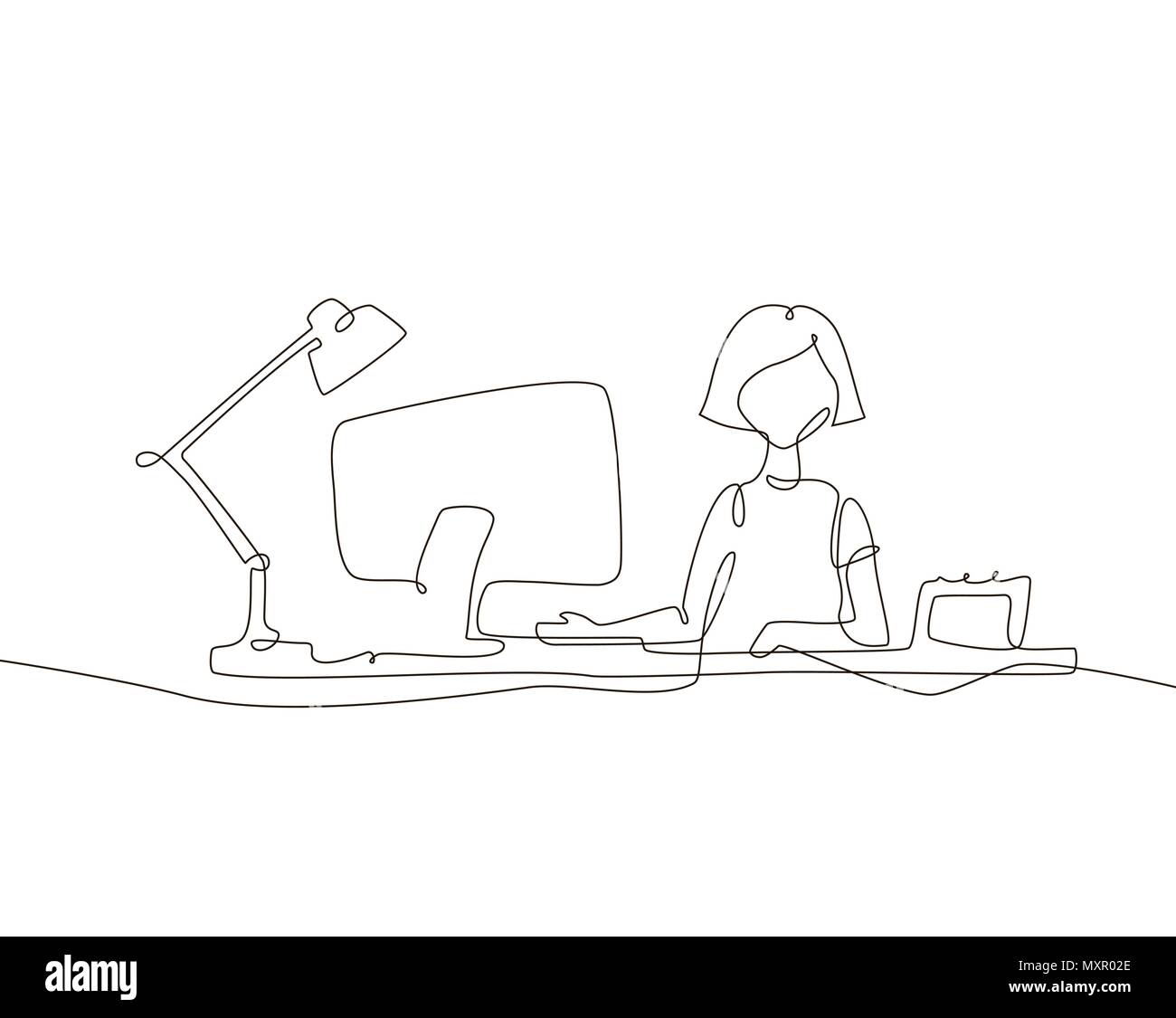 Girl at the computer - one line design style illustration Stock Vector ...