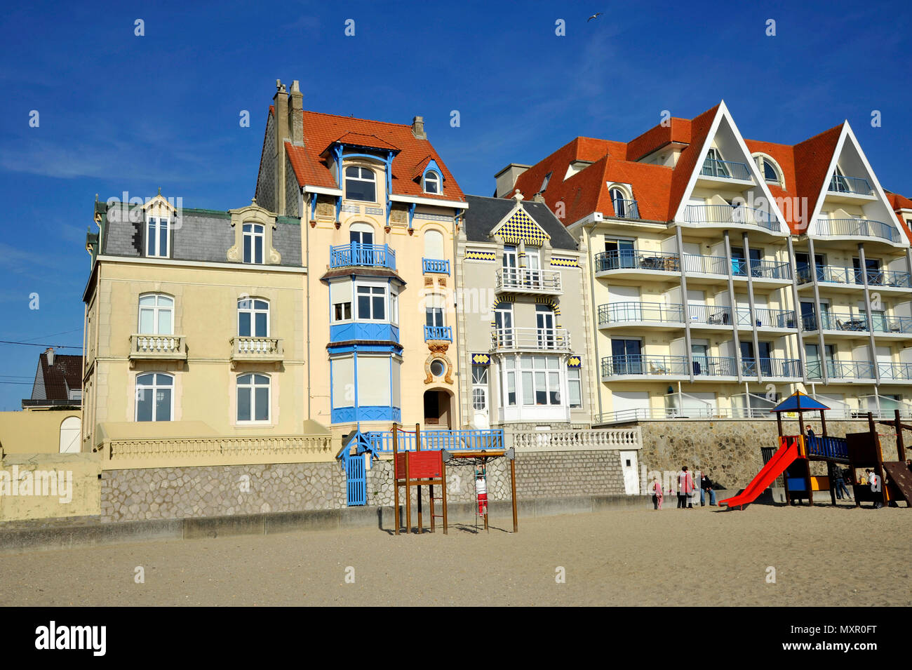 Wimereux (northern France). Beach and colourful buildings, typical from ...