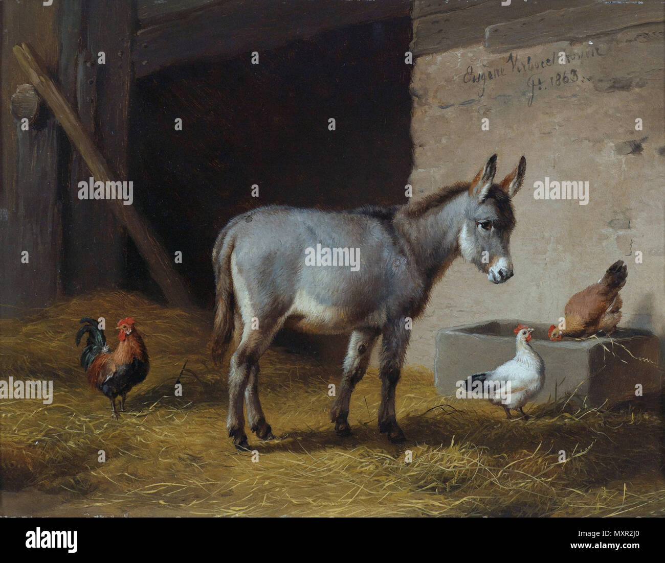 Verboeckhoven Eugene Joseph - Donkey and Chicken in a Stable Stock ...