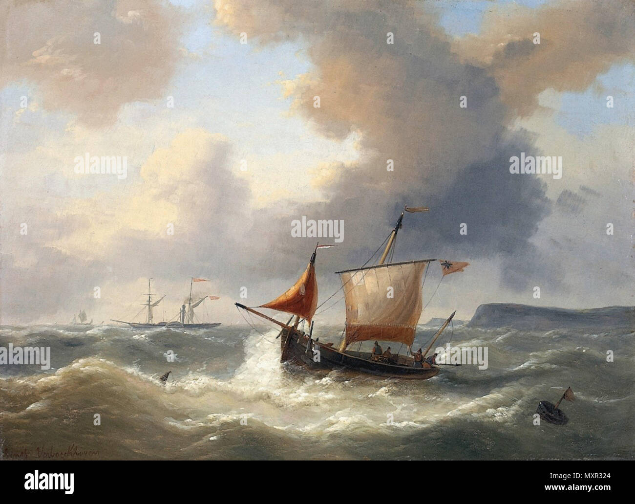 Verboeckhoven Louis - Zeilboten En Stoomschip Bij Omstuimige Zee Stock ...