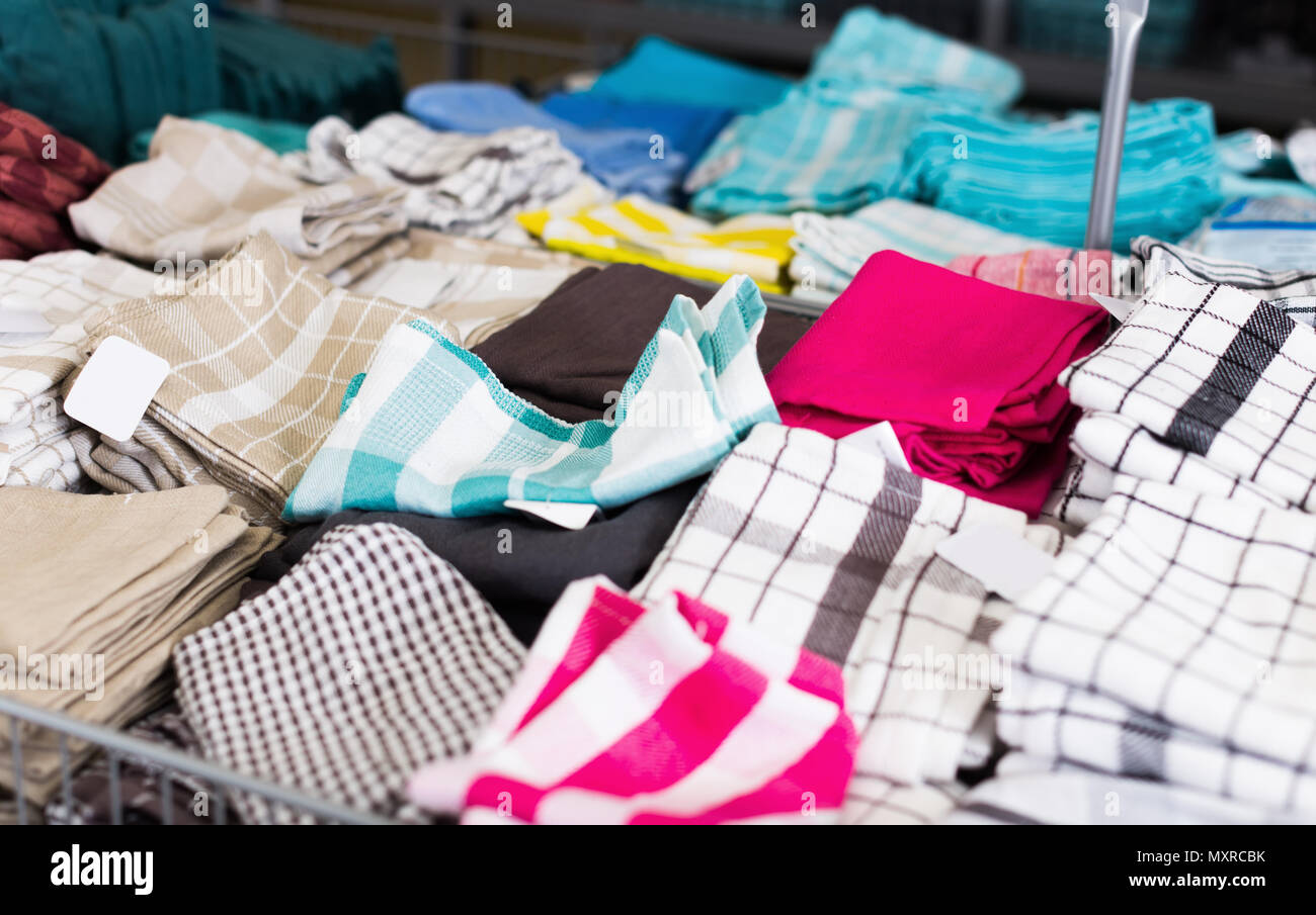 Picture of different cotton colored towels in the textile shop Stock ...