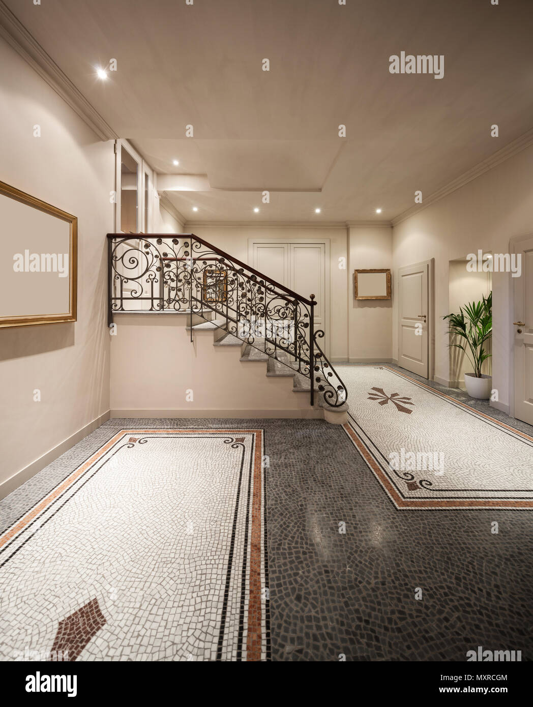 Hall with mosaic floor in luxury mansion , staircase Stock Photo - Alamy
