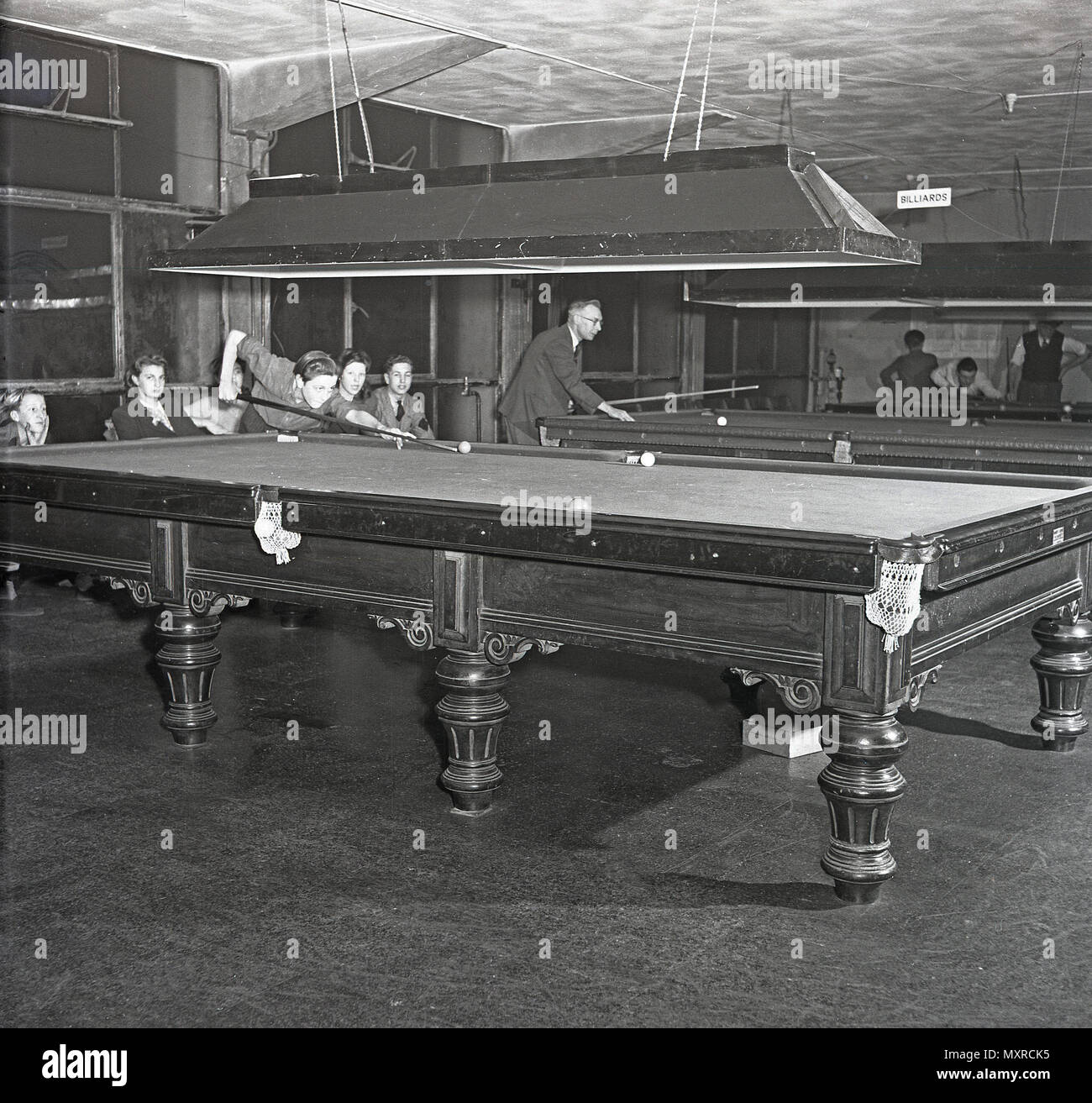 1948, historical, young people playing a game of billards or snooker in ...