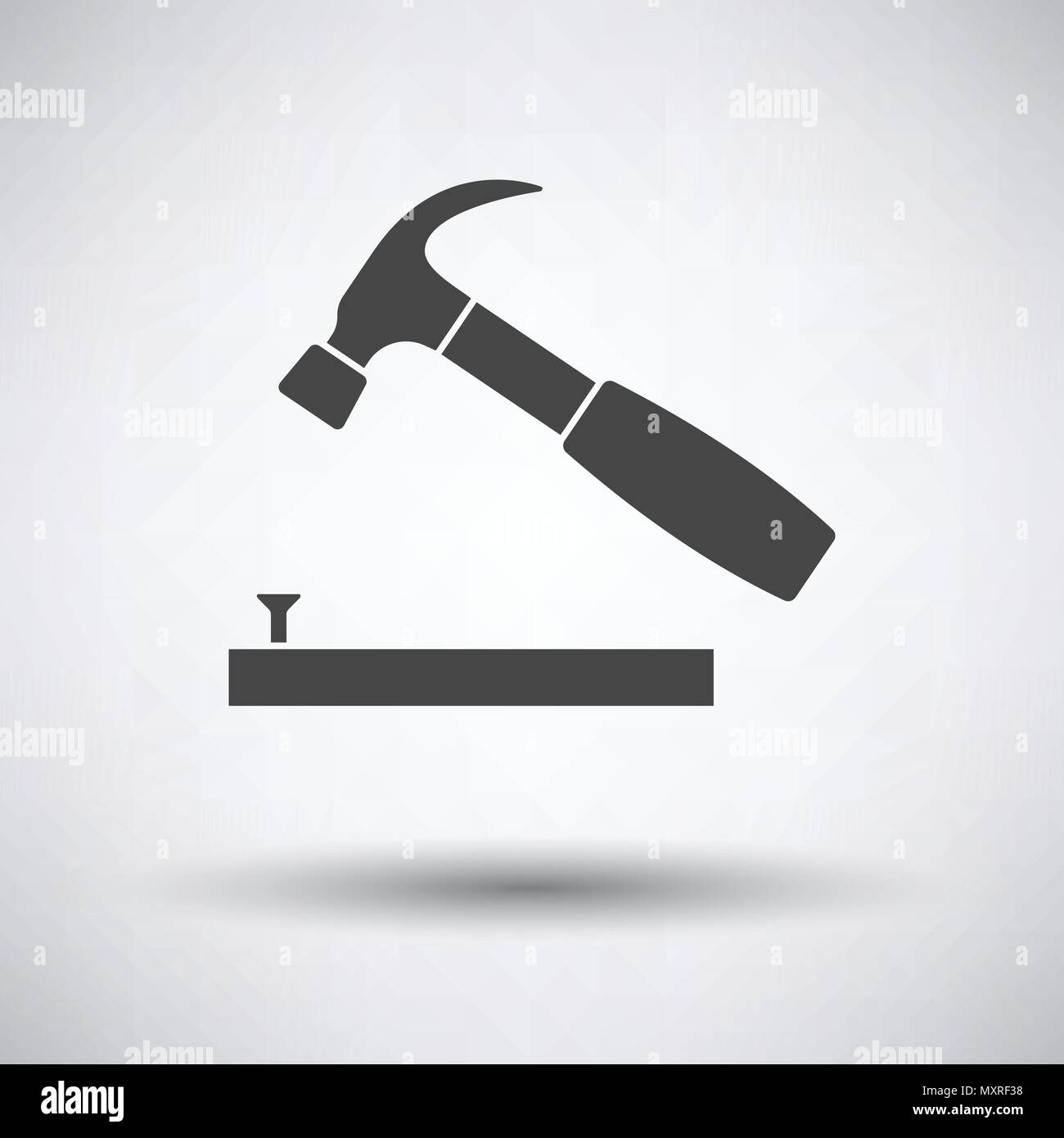 Icon of hammer beat to nail on gray background, round shadow. Vector ...