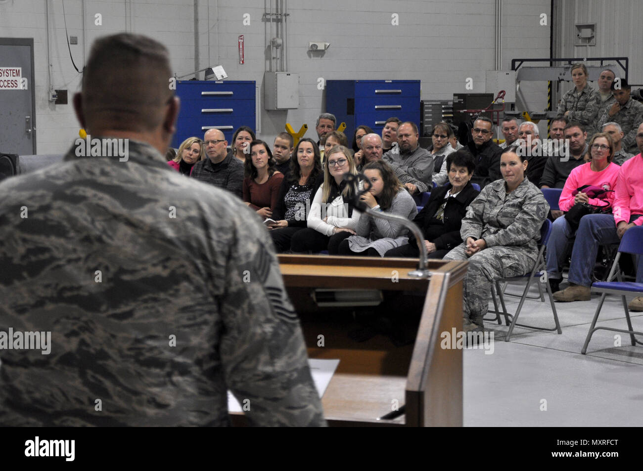 Chief Master Sgt. Mitch Mozingo speaks to the crowd during his ...