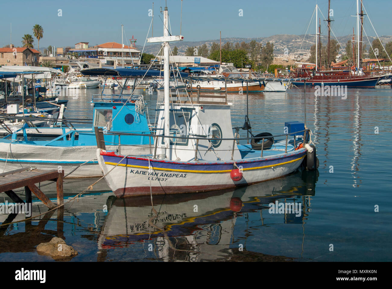 Fishing boats, gear and equipment in the old harbour at Paphos, Cyprus ...
