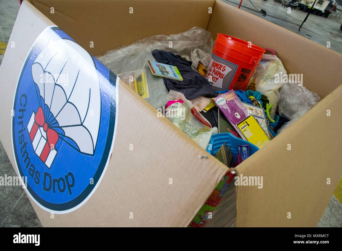 An Operation Christmas Drop box on display during the "Push Ceremony ...