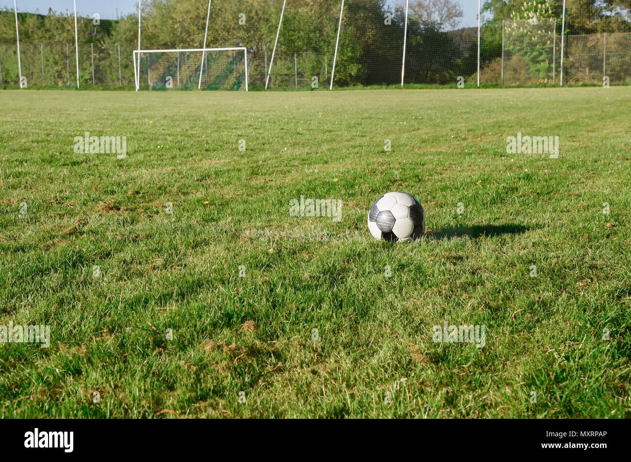 In summer on an empty football field. The grass pitch has no ...