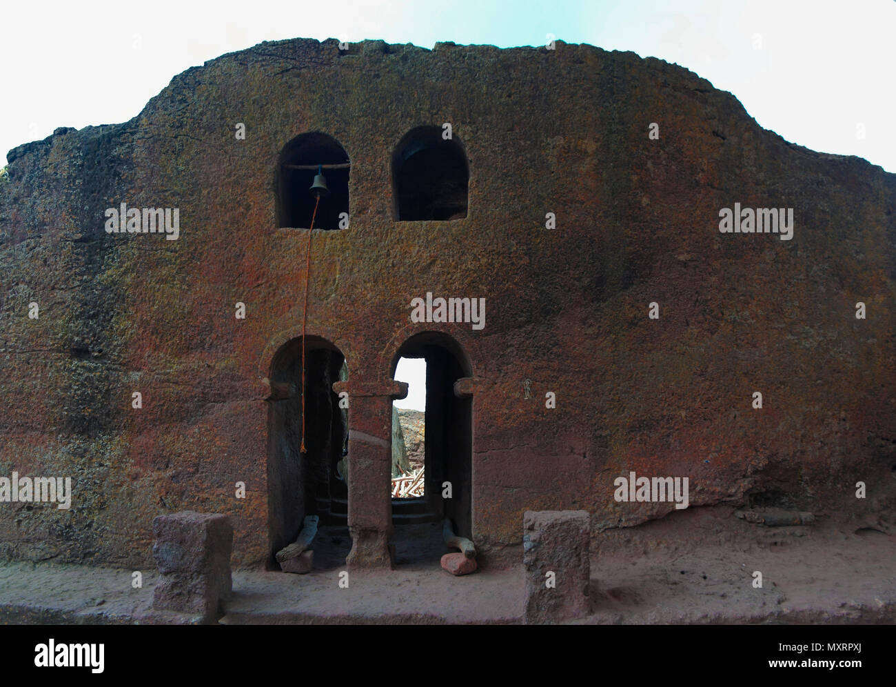 The bell tower of Biete Mariam rock-hewn church at Lalibela, Ethiopia ...