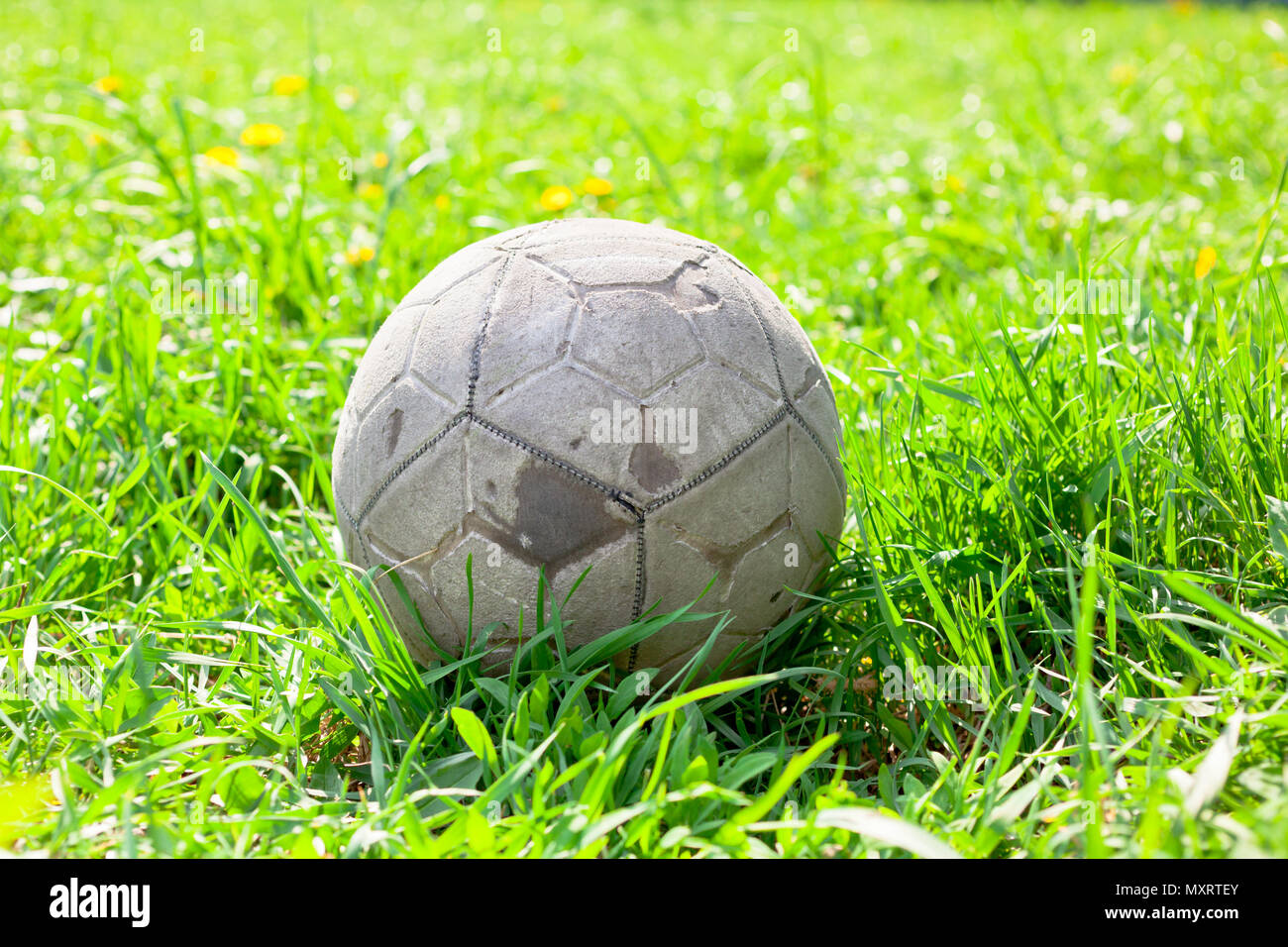 Old soccer ball forgotten in the green grass field. The football ...