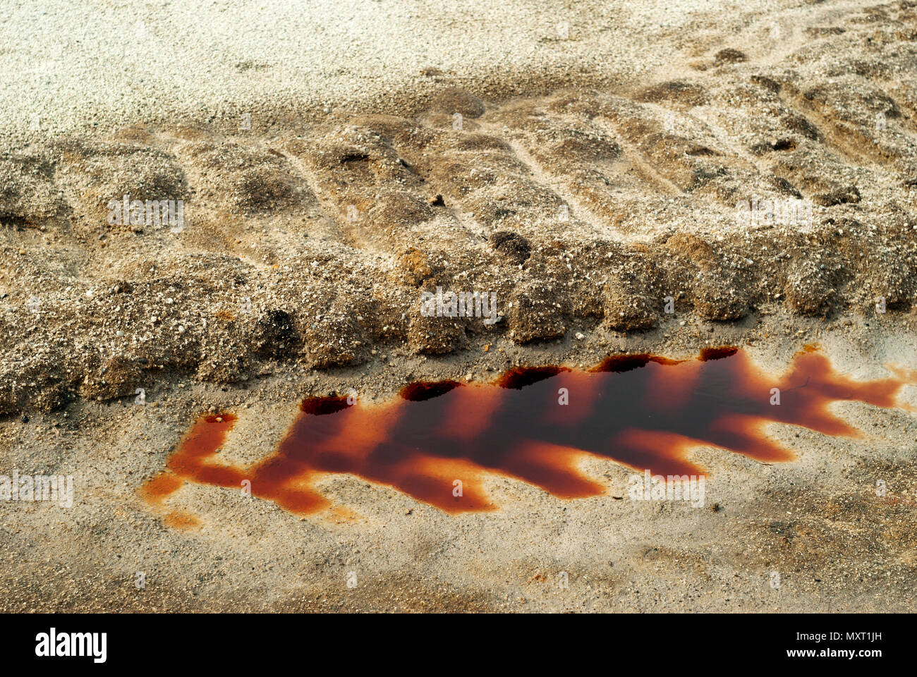 puddle of blood red color in the tracks of the car's protector next to ...