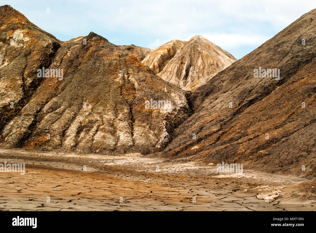 dry valley between brown lifeless desert hills, landscape Stock Photo ...