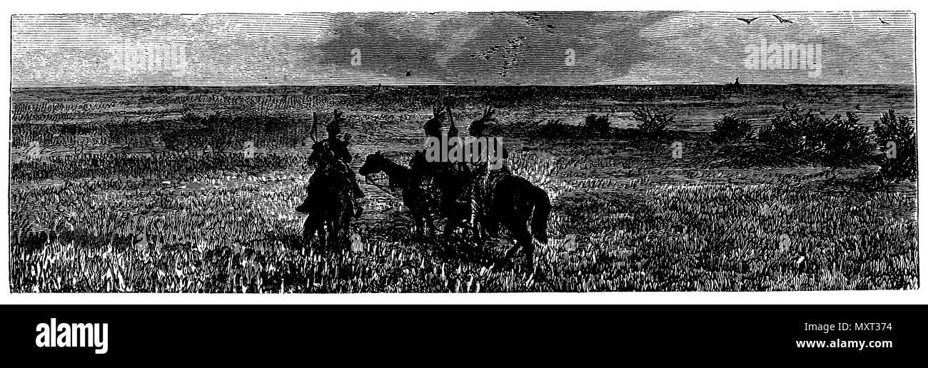 In the prairie on the Red River, in front: Indians on horseback Stock ...
