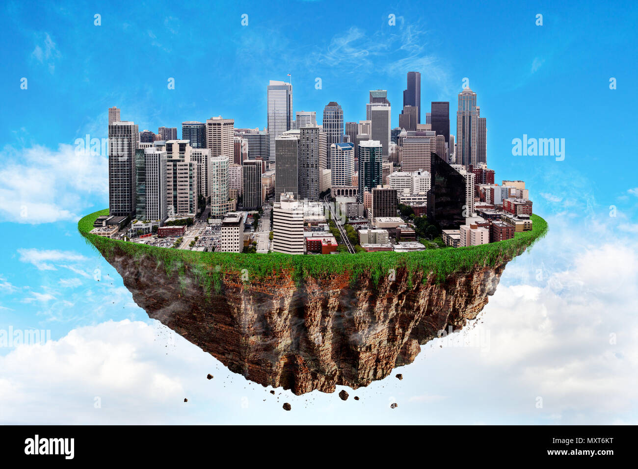 Fantasy floating island with Seattle cityscape floating in the air on a ...