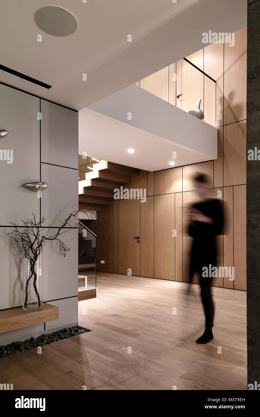 Nice modern interior with wooden walls and a stair with wooden rungs ...