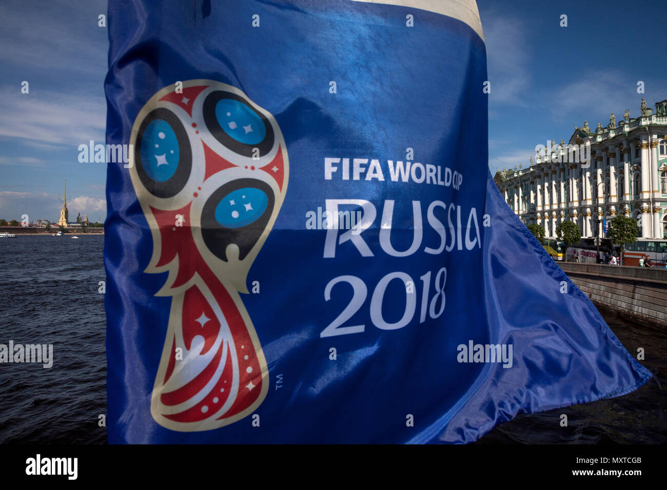 Flags with the symbols of the FIFA World Cup 2018 on the background of ...