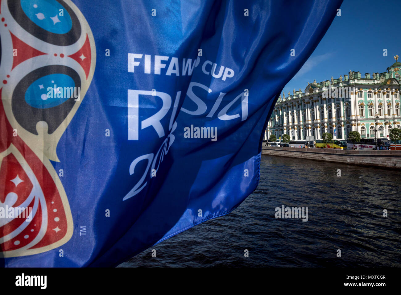 Flags with the symbols of the FIFA World Cup 2018 on the background of ...